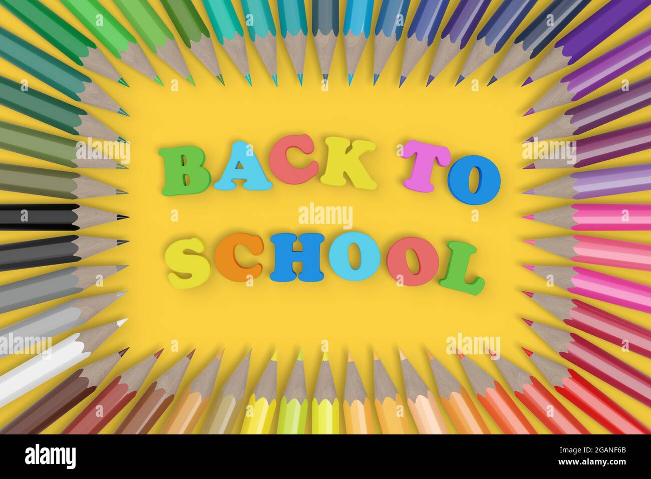 Three-dimensional "back to school" text surrounded by colorful pencils ...