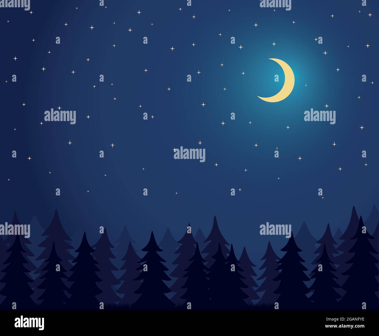 Night Starry Sky Moon. Forest landscape. Woodland Scenery. Stars Stock ...