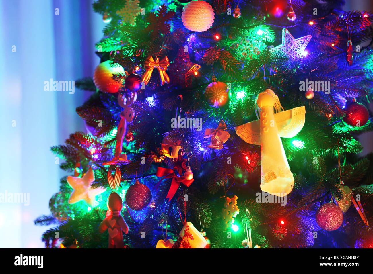 Christmas tree in a room on window background Stock Photo - Alamy