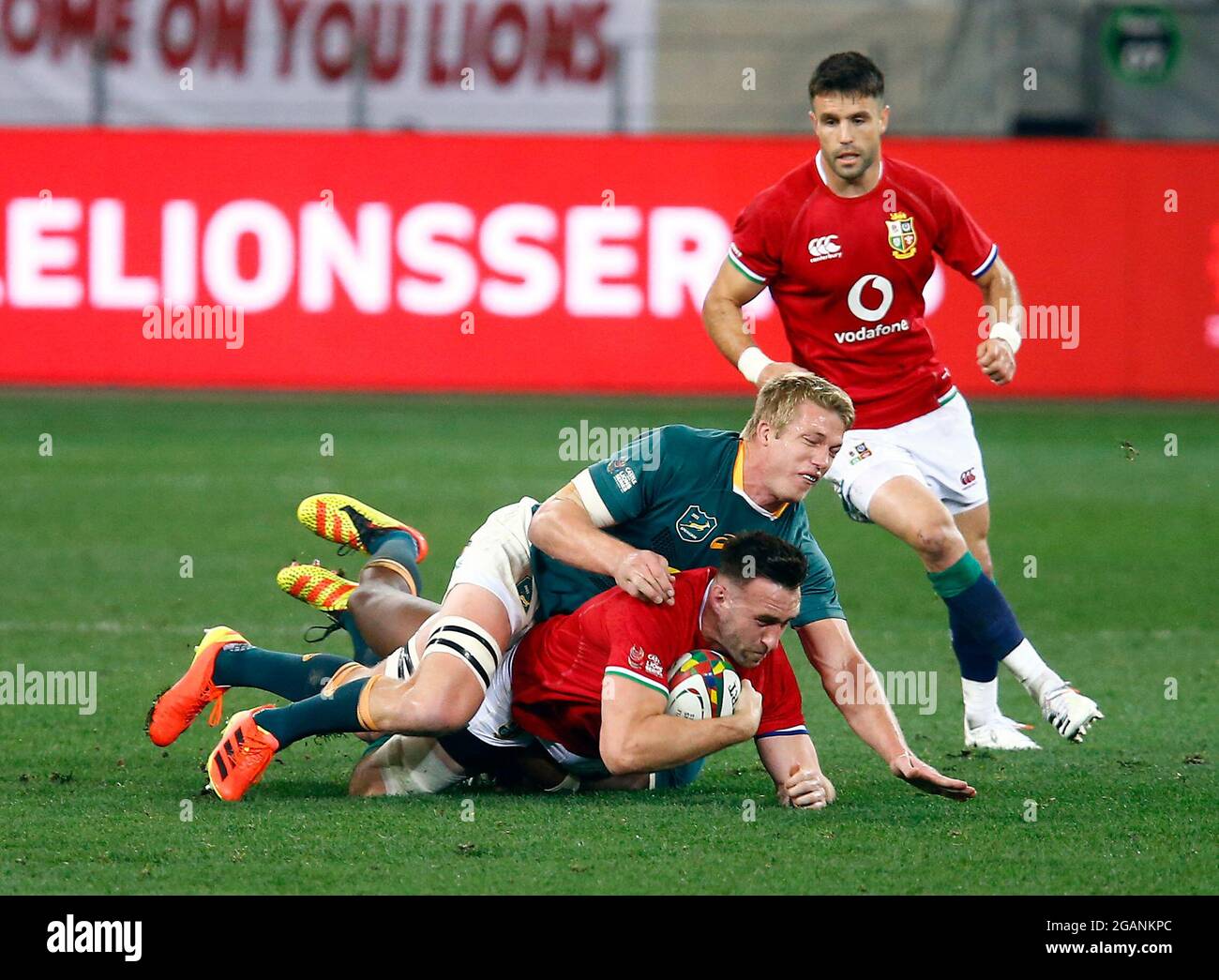 South African Pieter-Steph du Toit tackling British & Irish Lions Jack ...