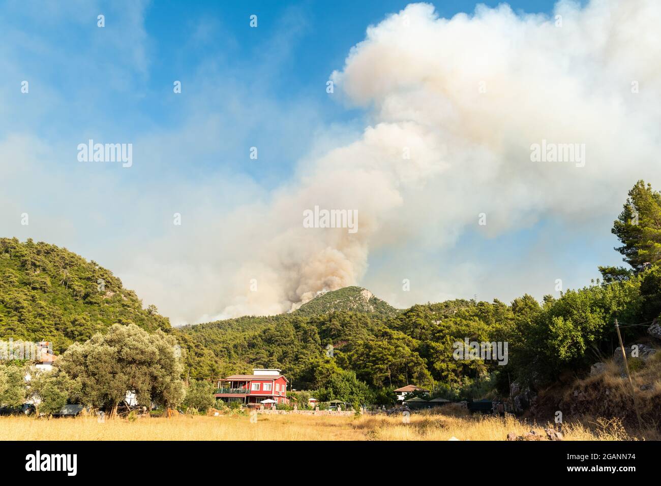 Smoke from a forest fire rising over Hisaronu bay and neighbourhood of ...