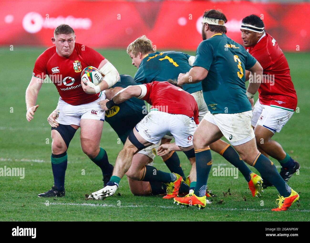 South African Frans Malherbe tackling British & Irish Lions Tadhg ...