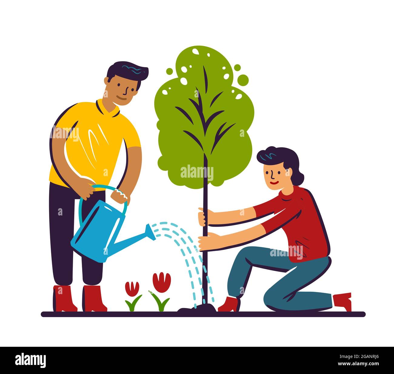 People volunteers plant tree. Environment care, ecological issues ...