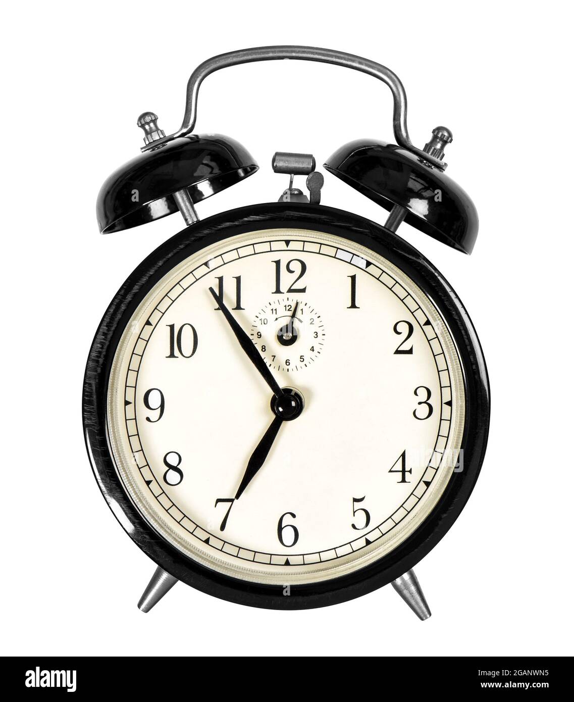 Vintage black alarm clock isolated on white background Stock Photo - Alamy