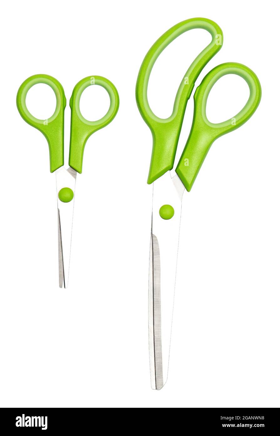 Scissors with green plastic handles isolated on white background ...