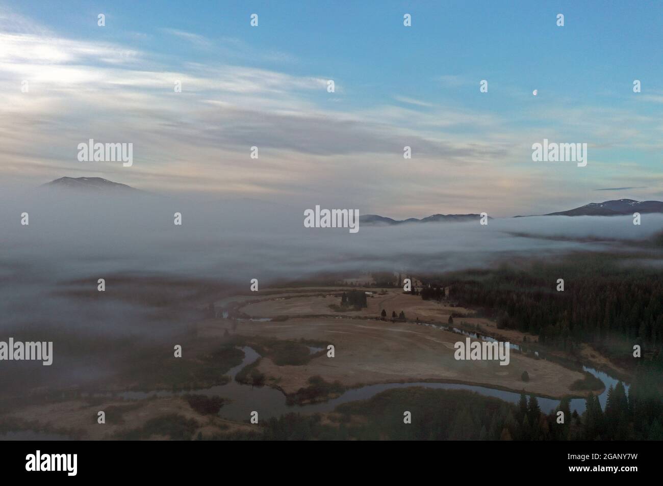 Aerial view of the upper Yaak Valley at sunrise in spring. Lincoln ...