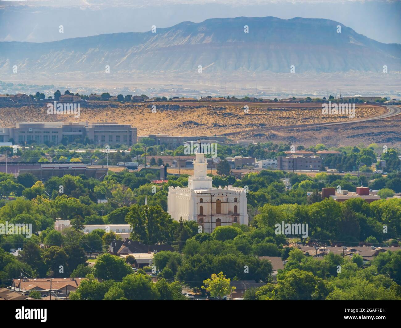 Aerial view of the cityscape and St. George Utah Temple of St George at ...