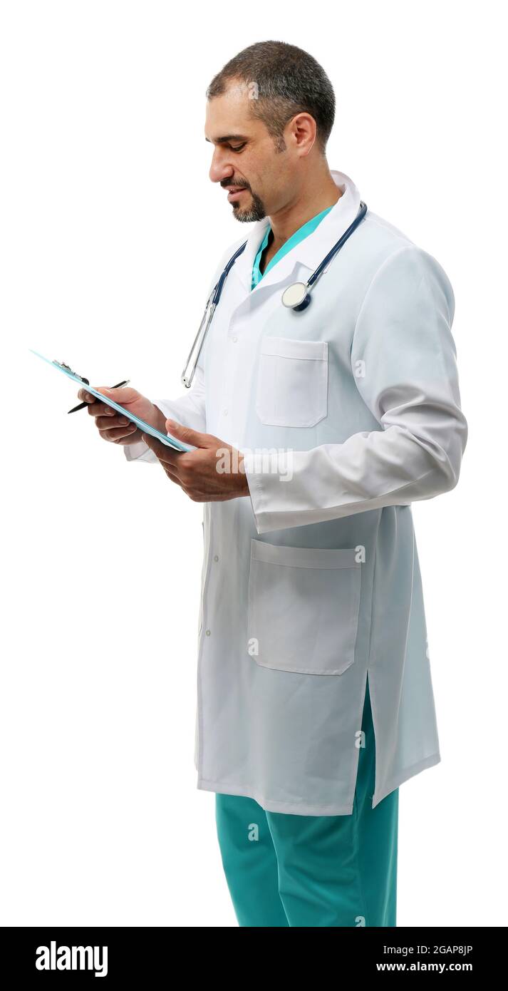 Portrait of a doctor with prescription board in hands isolated on white ...