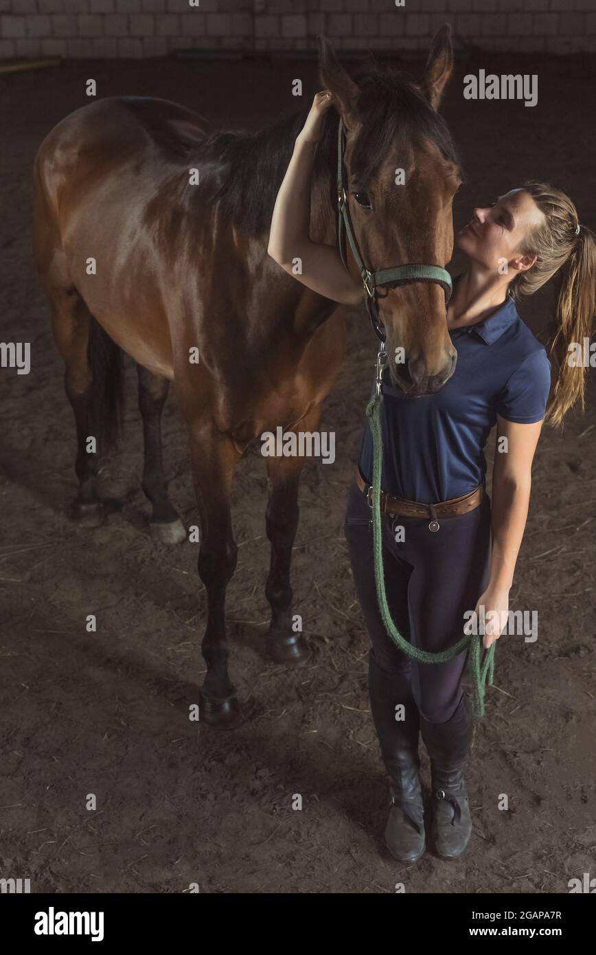 Horsewoman embracing her seal brown horse in the stable. Girl holding ...