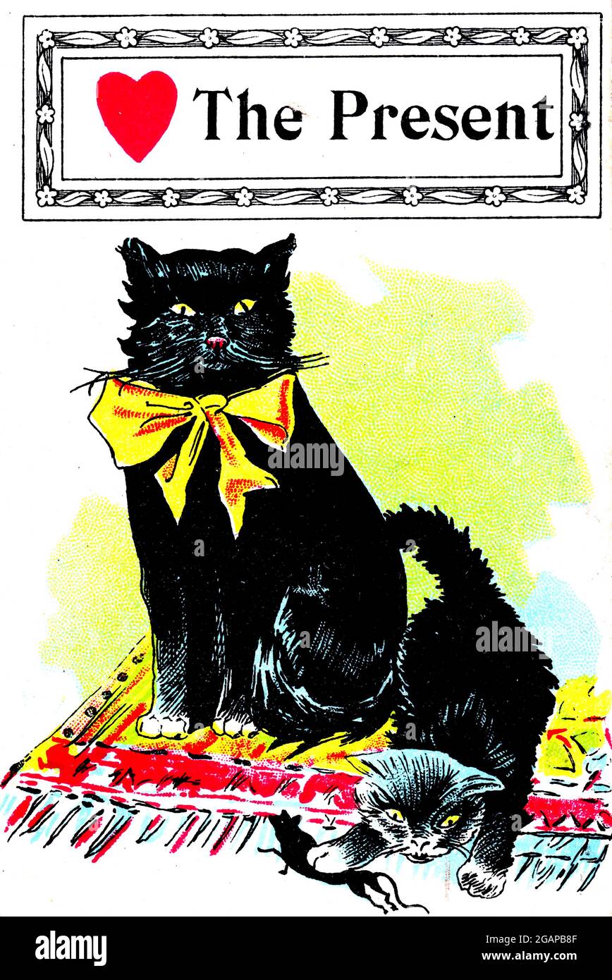 The Present, relationship card ca. 1900. Tarot like card with cats and ...