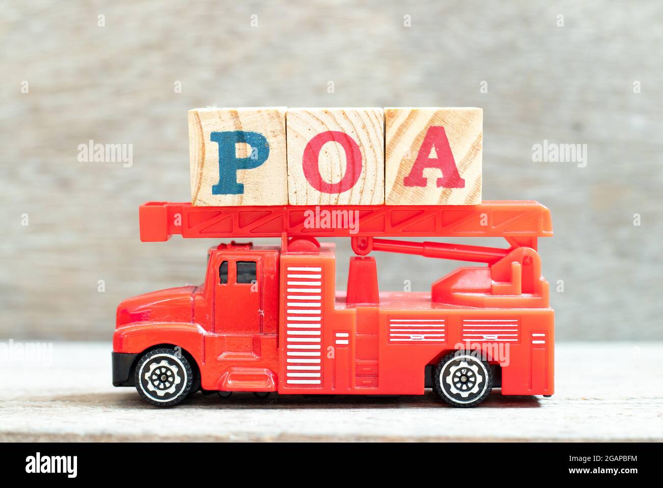 Fire ladder truck hold letter block in word POA (Abbreviation of Plan ...