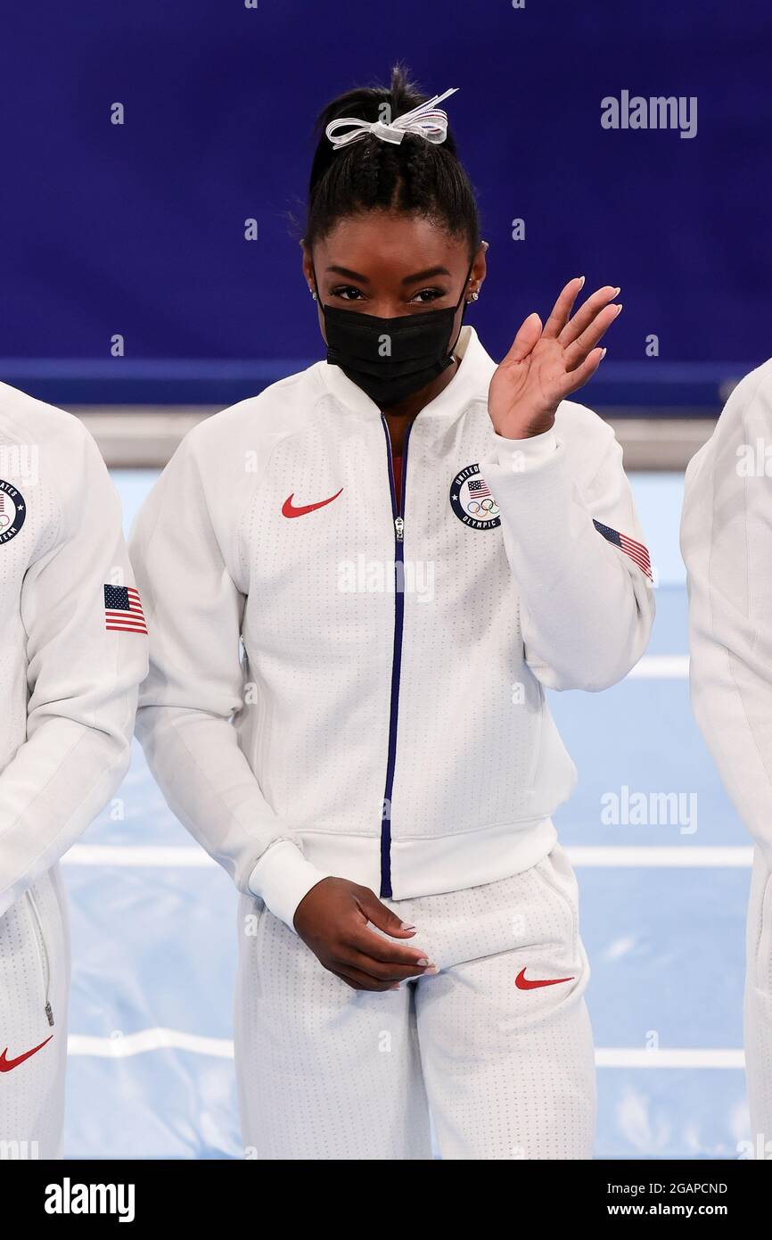 Tokyo, Japan, 27 July, 2021. Simone Biles of Team United States waves ...