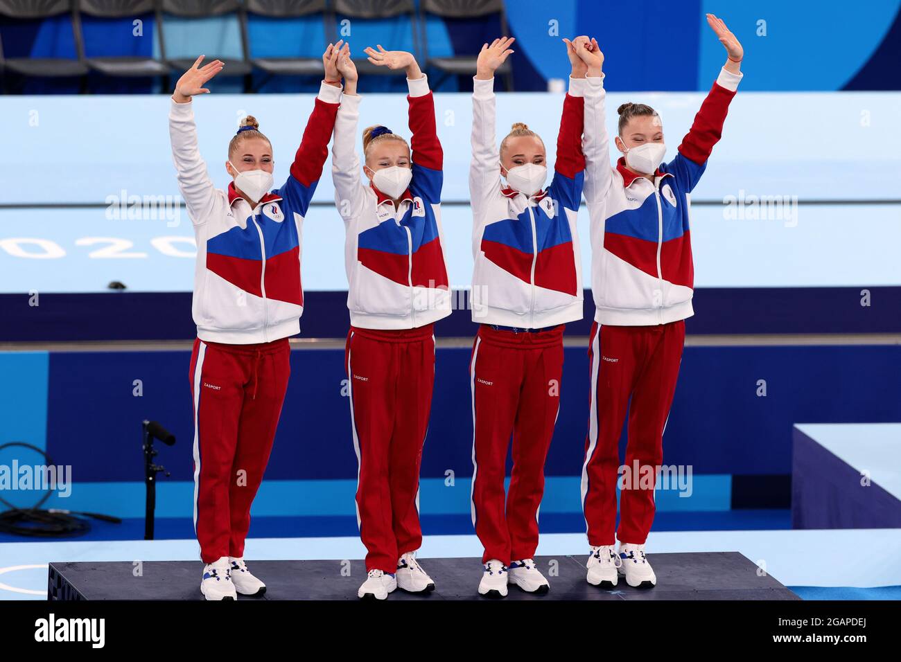 Tokyo, Japan, 27 July, 2021. Team ROC on the podium during the Women's ...