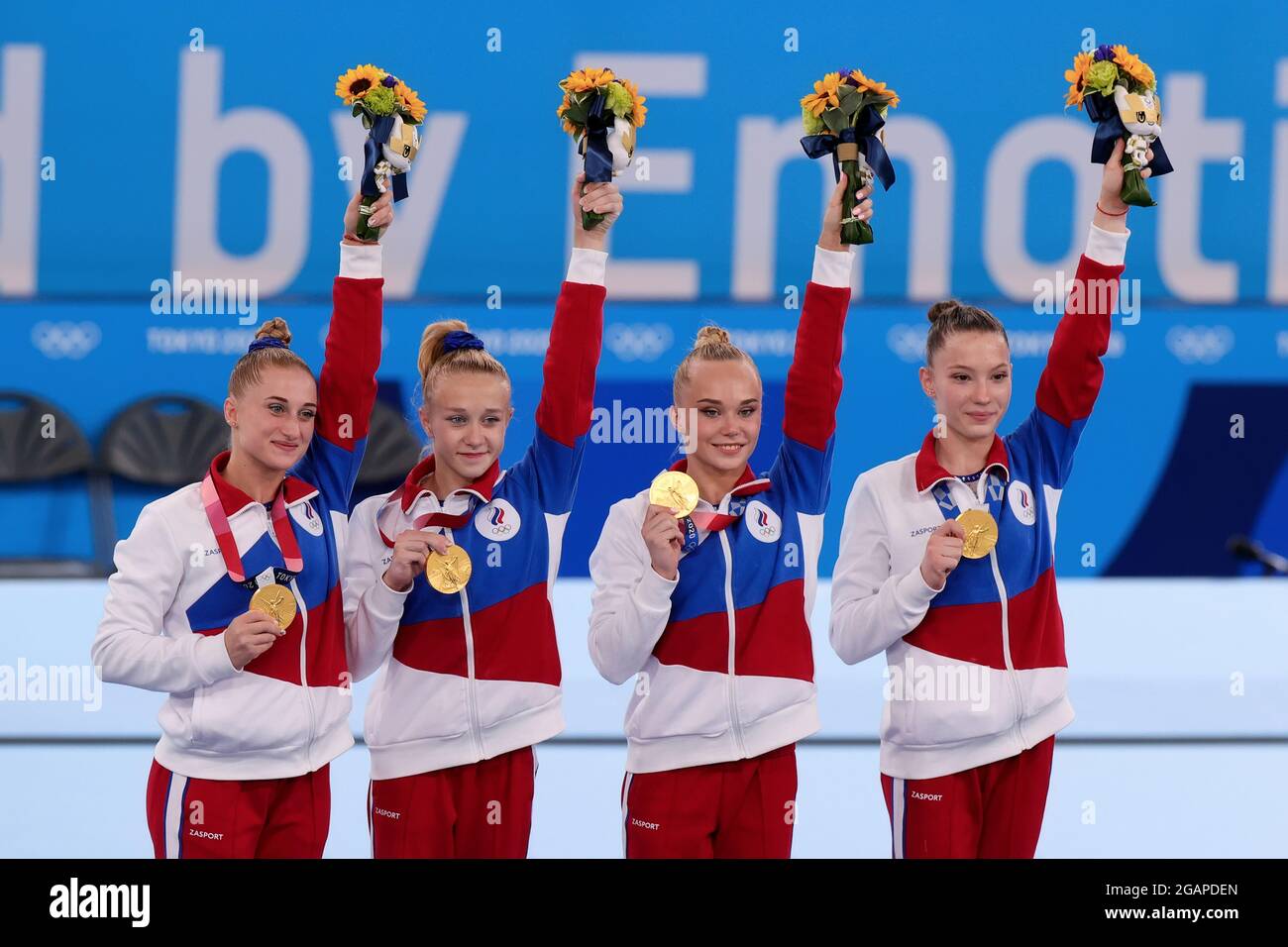 Tokyo, Japan, 27 July, 2021. Team ROC on the podium during the Women's ...