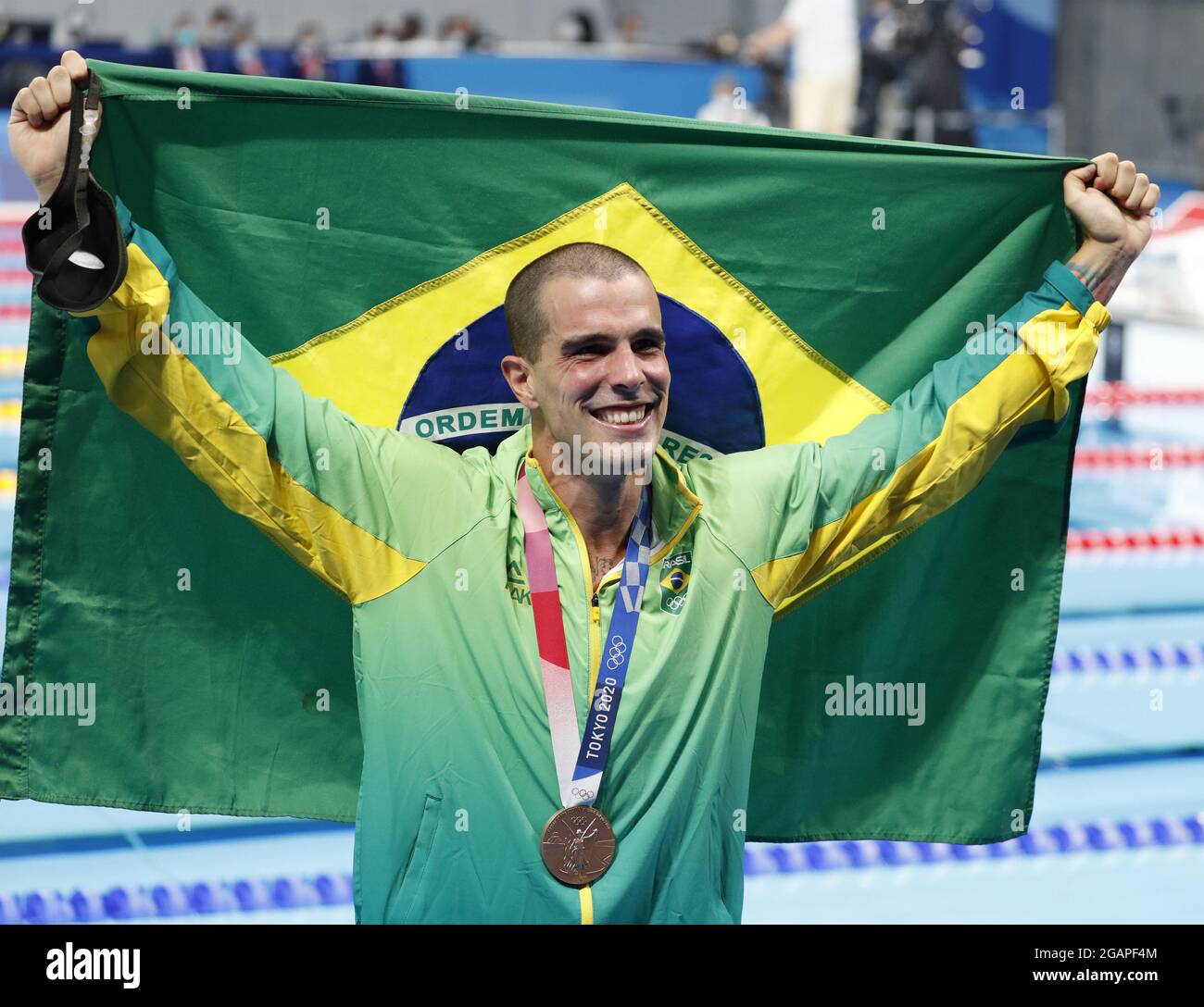 Tokyo, Japan. 31st July, 2021. Brazil's Bruno Fratus, 21.57, celebrates ...