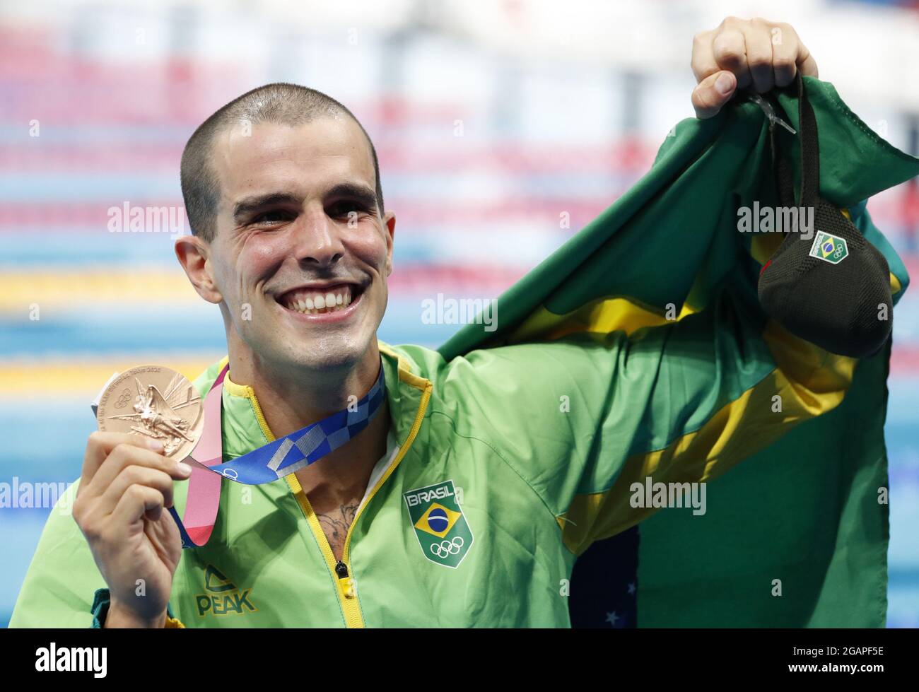 Tokyo, Japan. 31st July, 2021. Brazil's Bruno Fratus, 21.57, celebrates ...