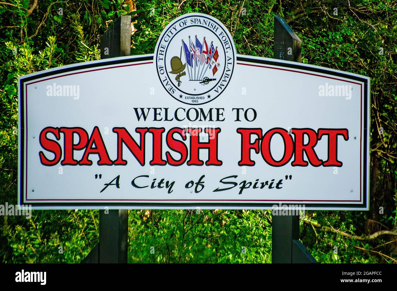A welcome sign stands at the city limits of Spanish Fort, June 26, 2021 ...