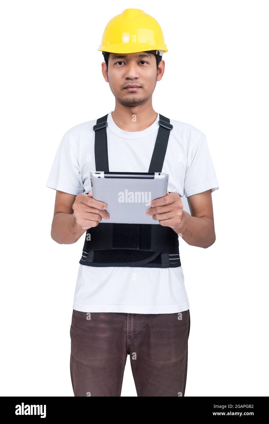 Portrait engineer with touchscreen tablet device in business isolated ...