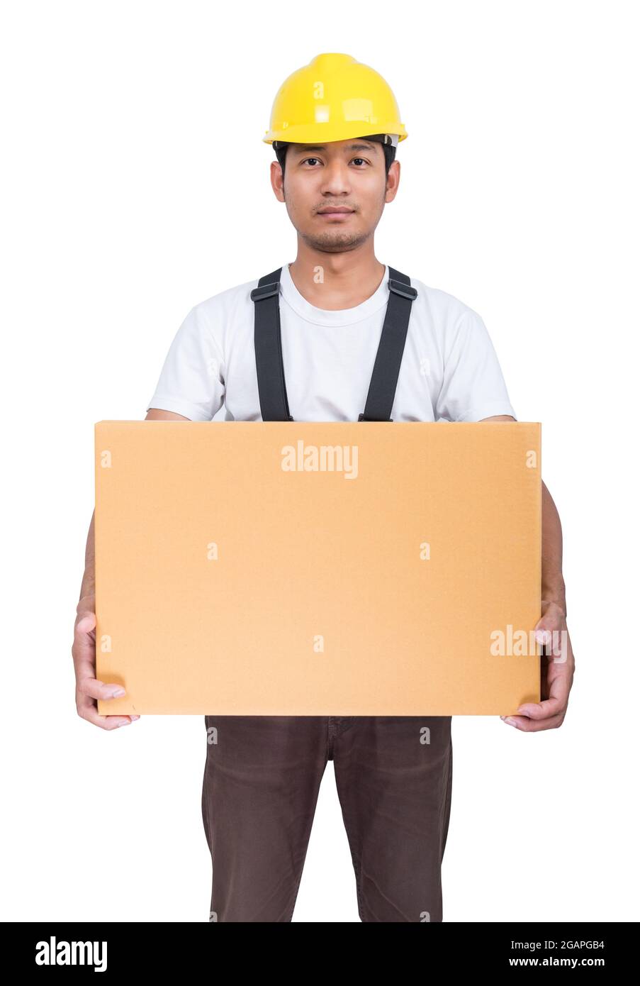 Smiling man lifts a cardboard box wearing back support belt for protect ...