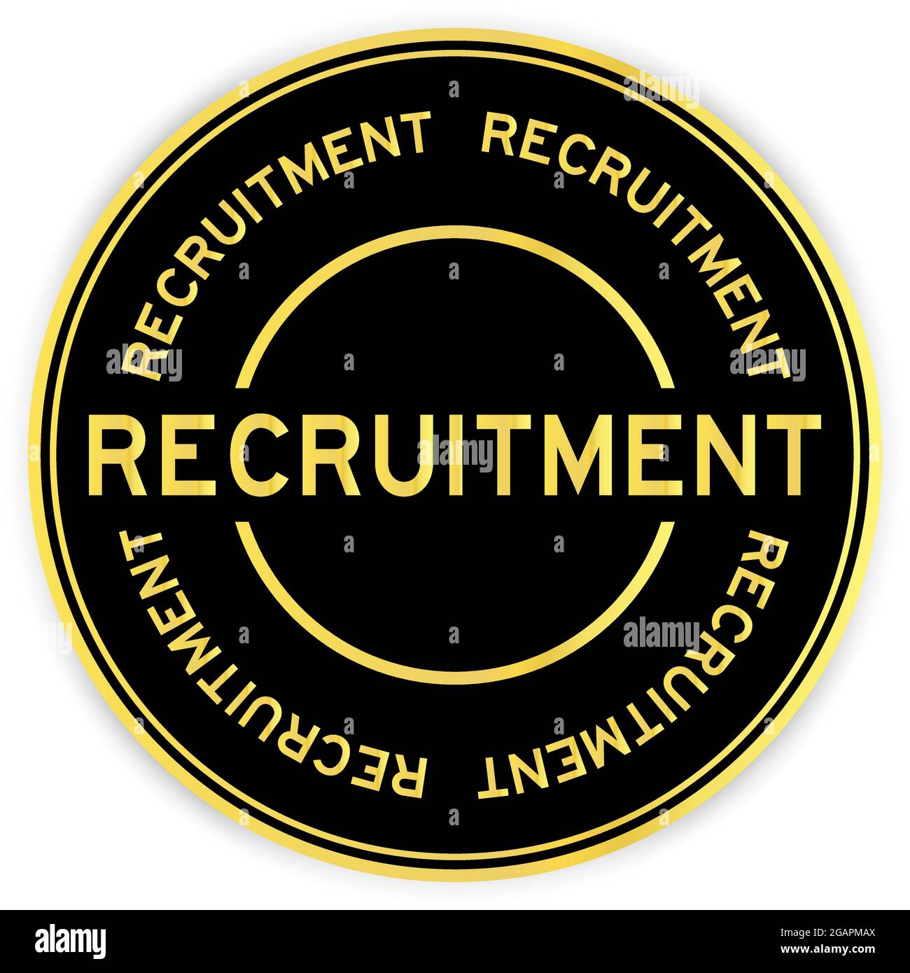 Black and gold color round label sticker with word recruitment on white ...