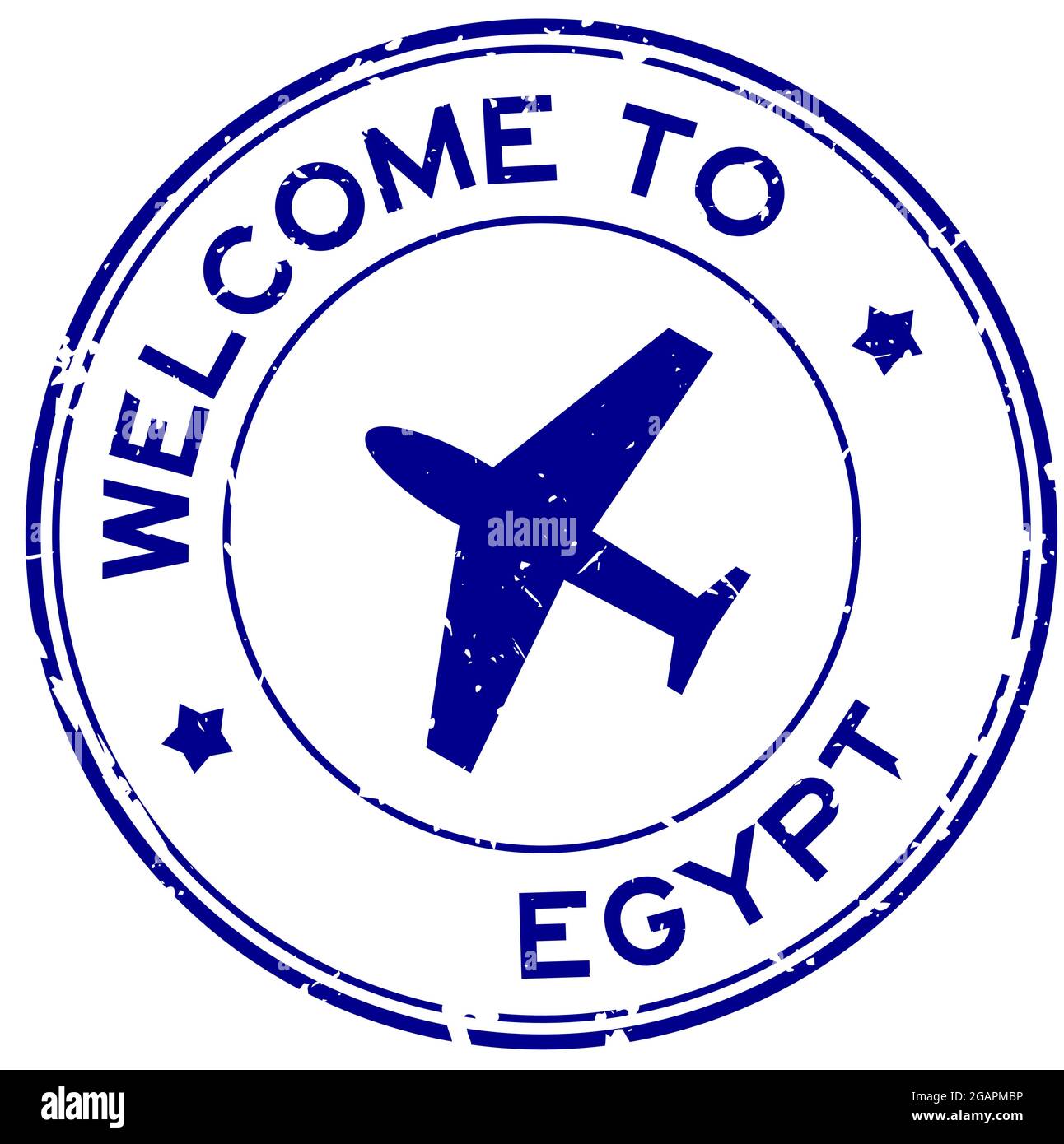 Grunge blue welcome to Egypt word with airplane icon round rubber seal ...