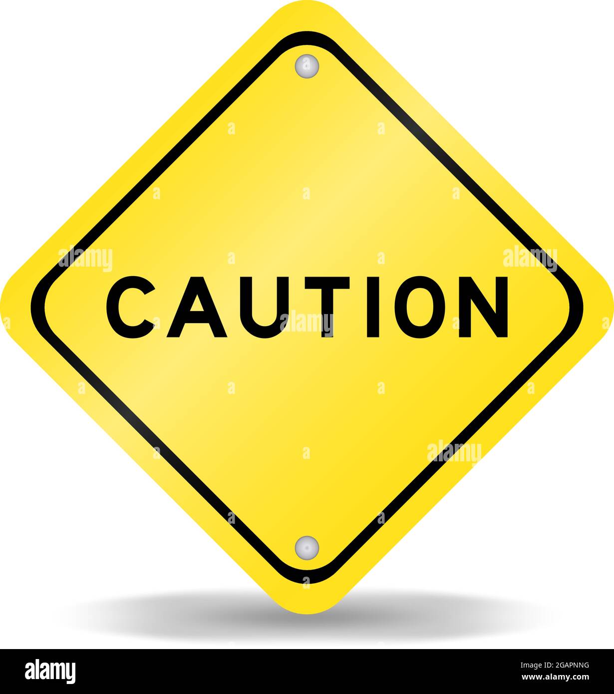 Yellow color transportation sign with word caution on white background ...