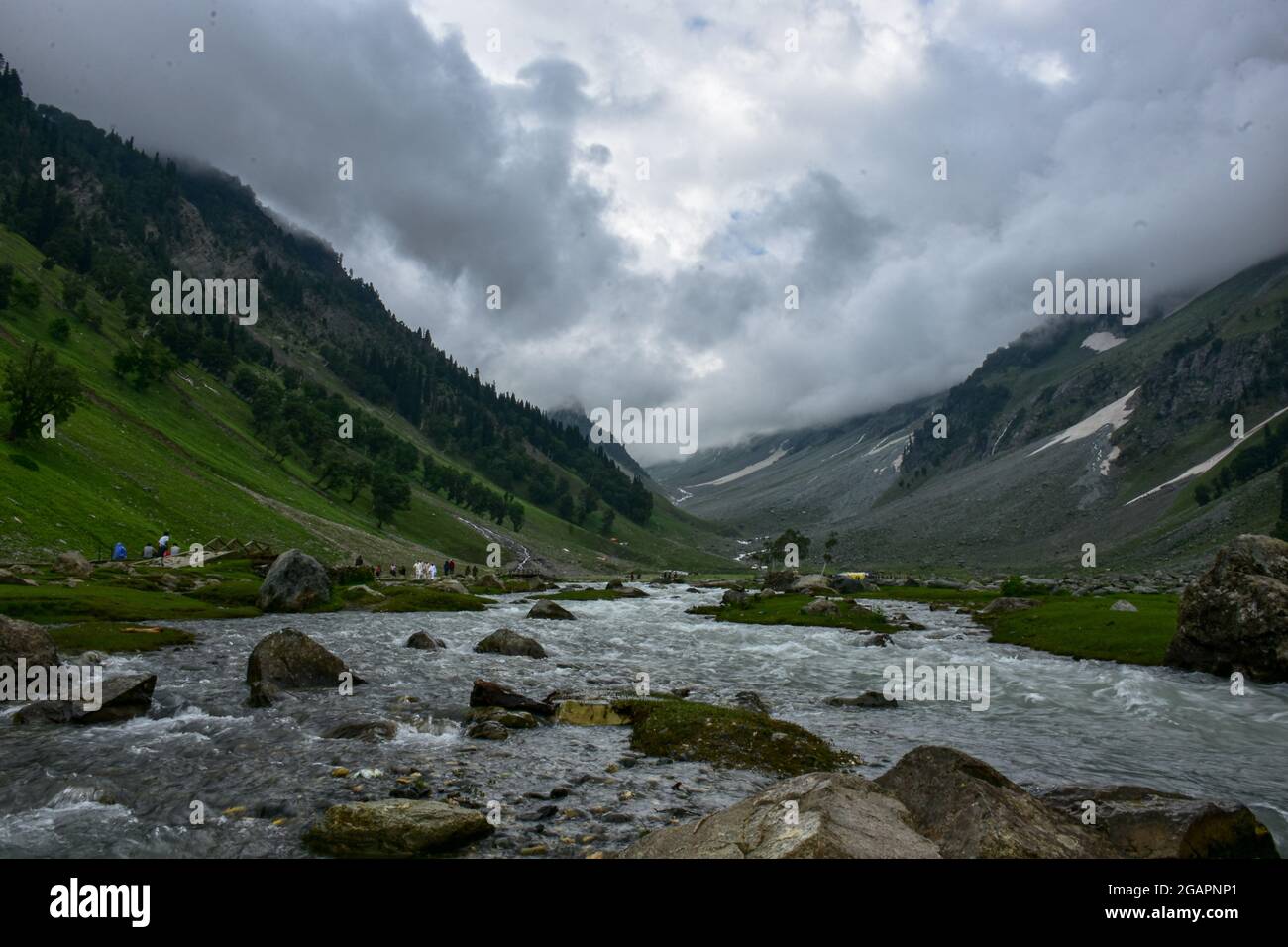 Clouds cover the mountains during a cloudy day in Sonamarg, about ...