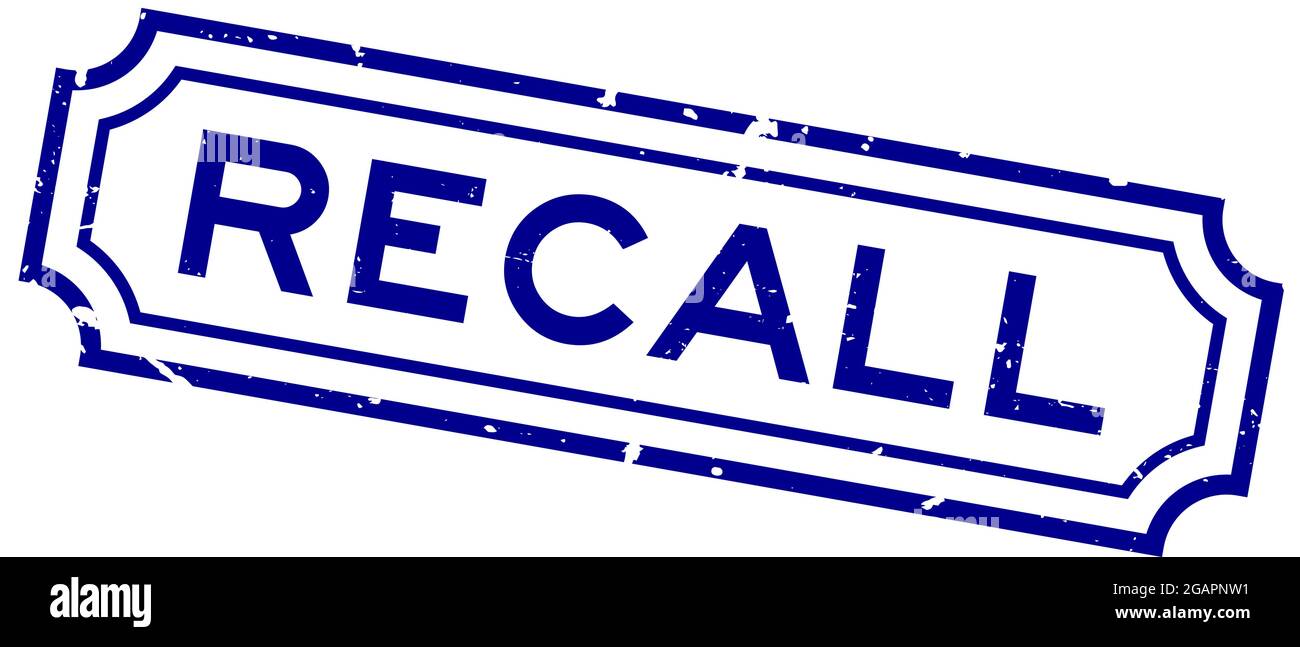 Grunge blue recall word square rubber seal stamp on white background ...