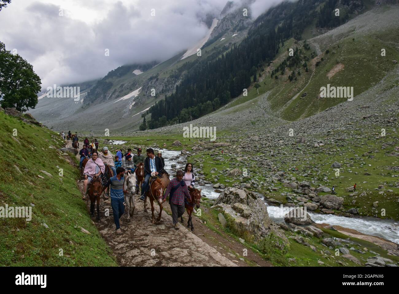 Indian tourists enjoy horse rides during a cloudy day in Sonamarg ...