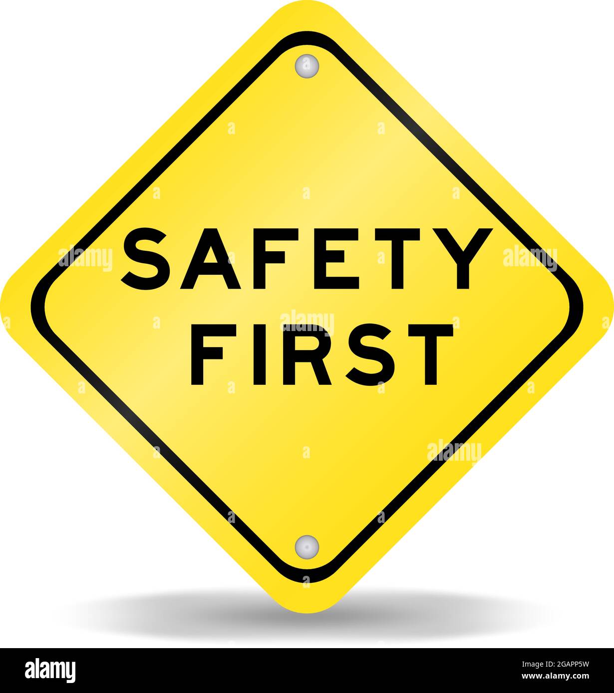 Yellow color transportation sign with word safety first on white ...