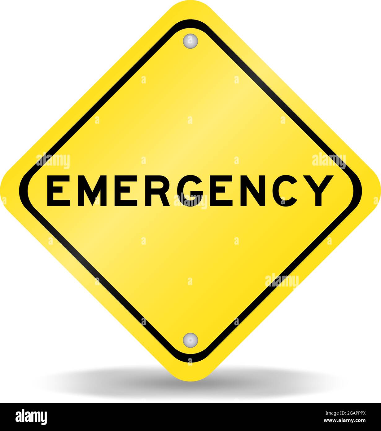Yellow color transportation sign with word emergency on white ...