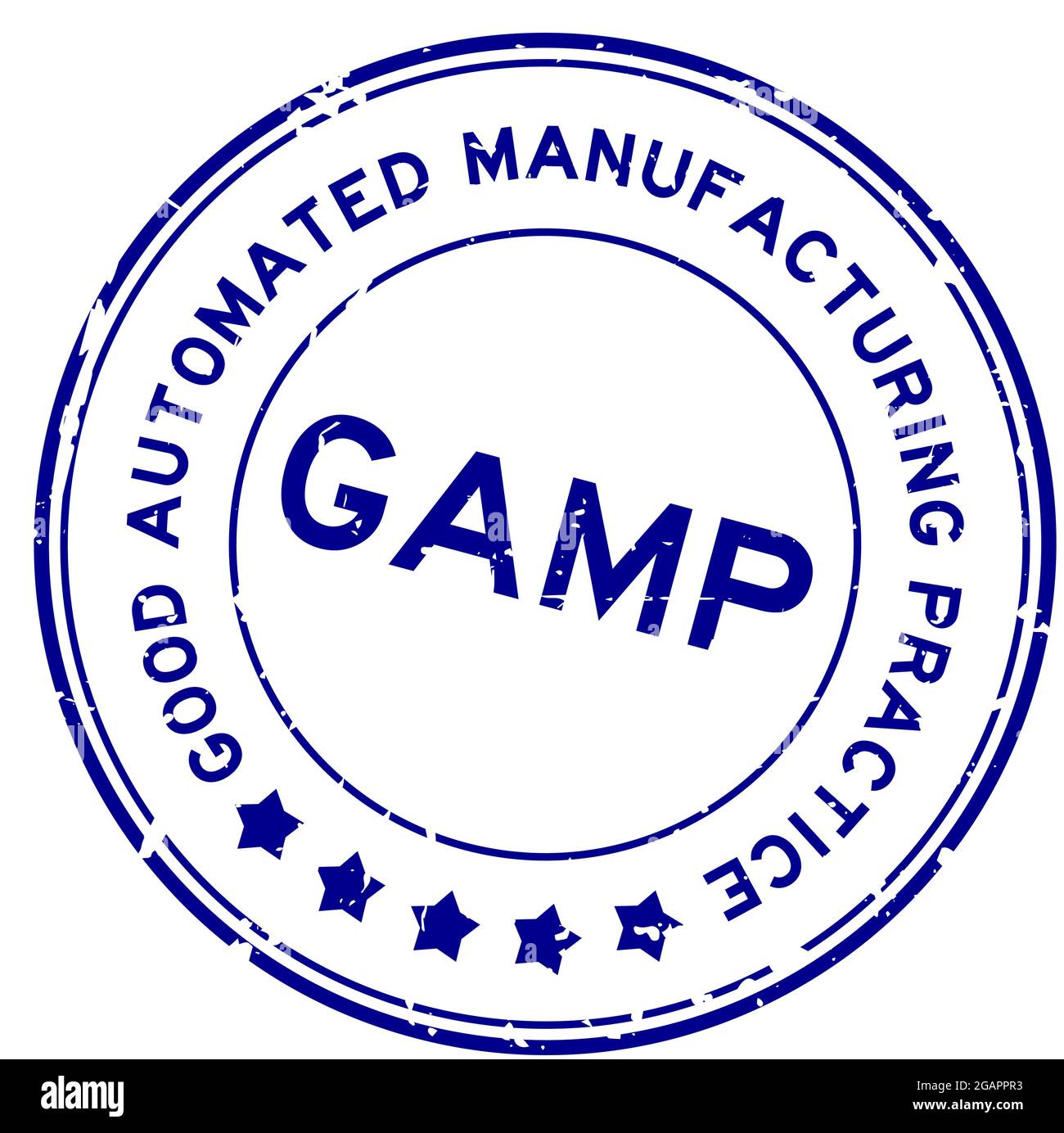 Grunge blue GAMP Good Automated Manufacturing Practice word round rubber seal stamp on white ...
