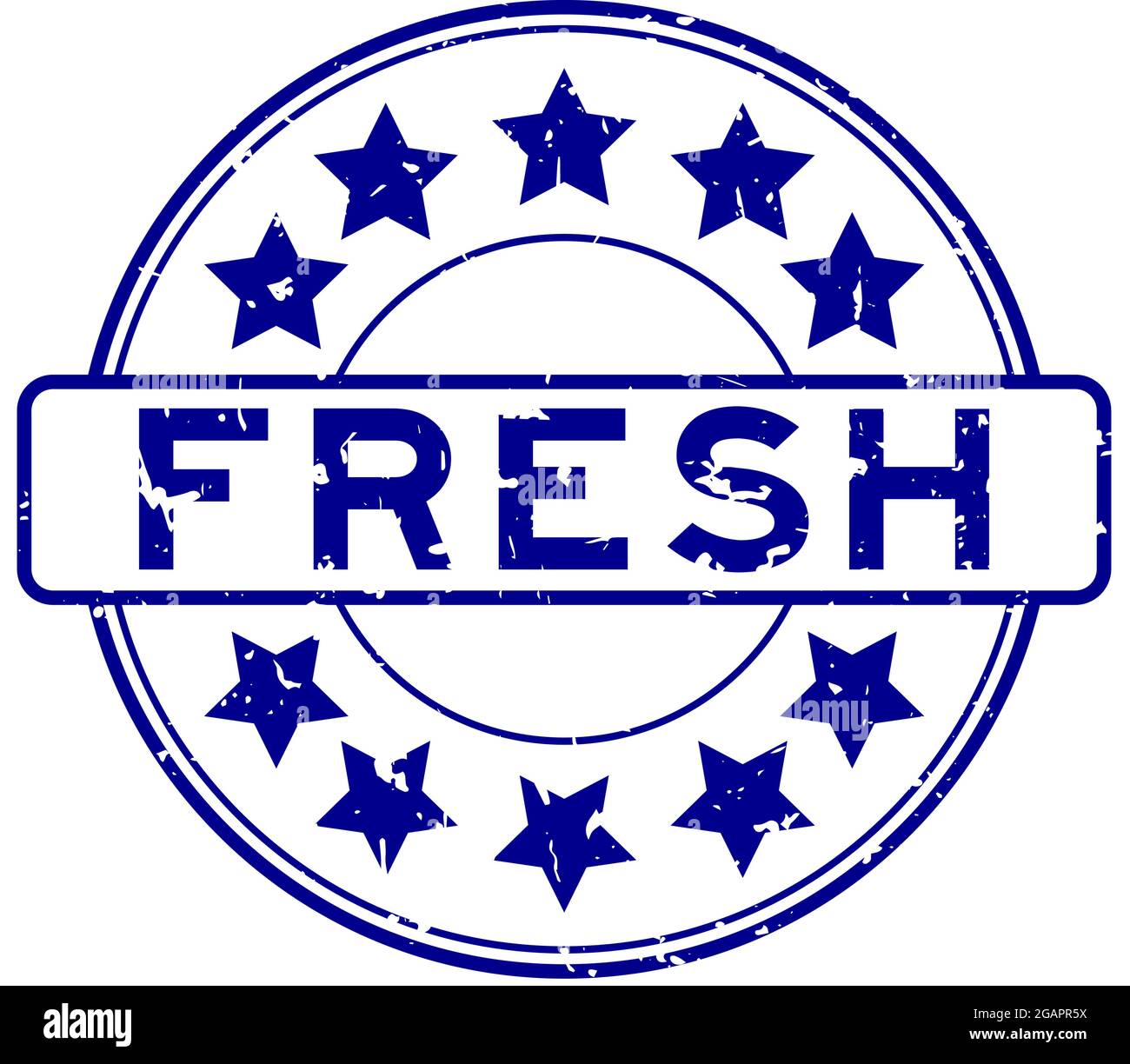 Grunge blue fresh word with star icon round rubber seal stamp on white ...