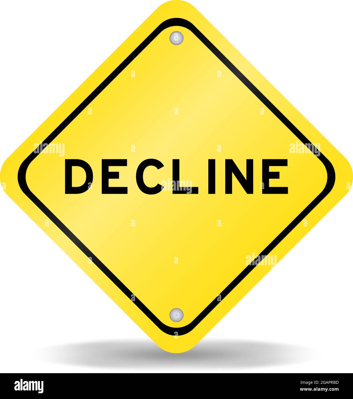 Yellow color transportation sign with word decline on white background ...