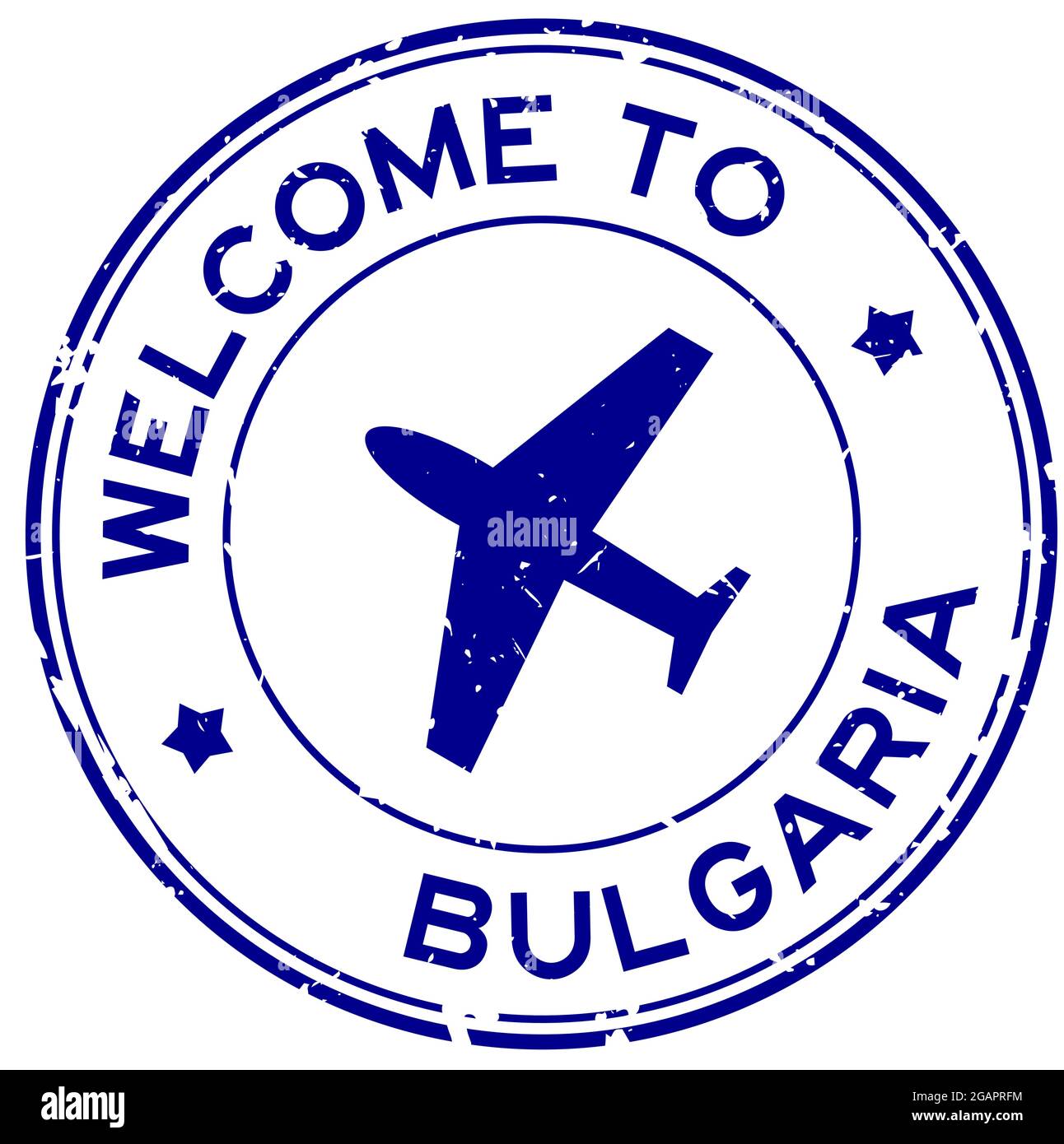 Grunge blue welcome to Bulgaria word with airplane icon round rubber ...