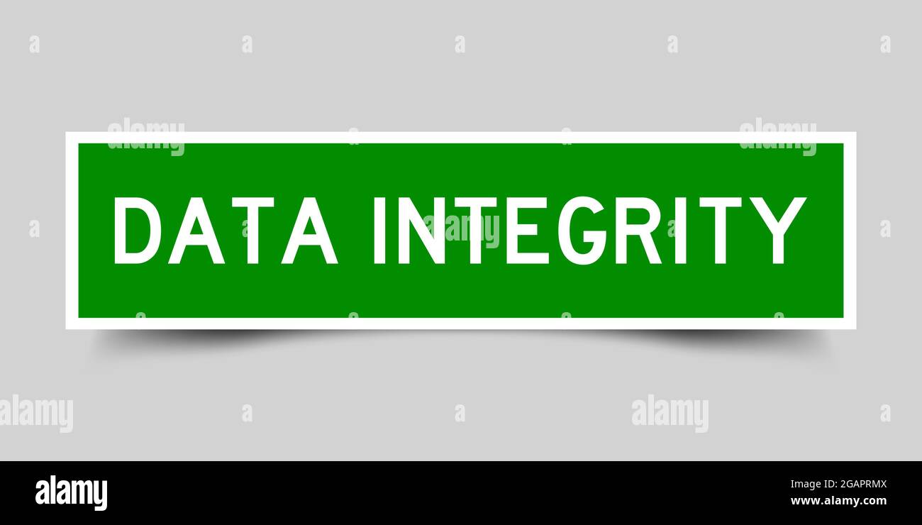 Square label sticker with word data integrity in green color on gray ...