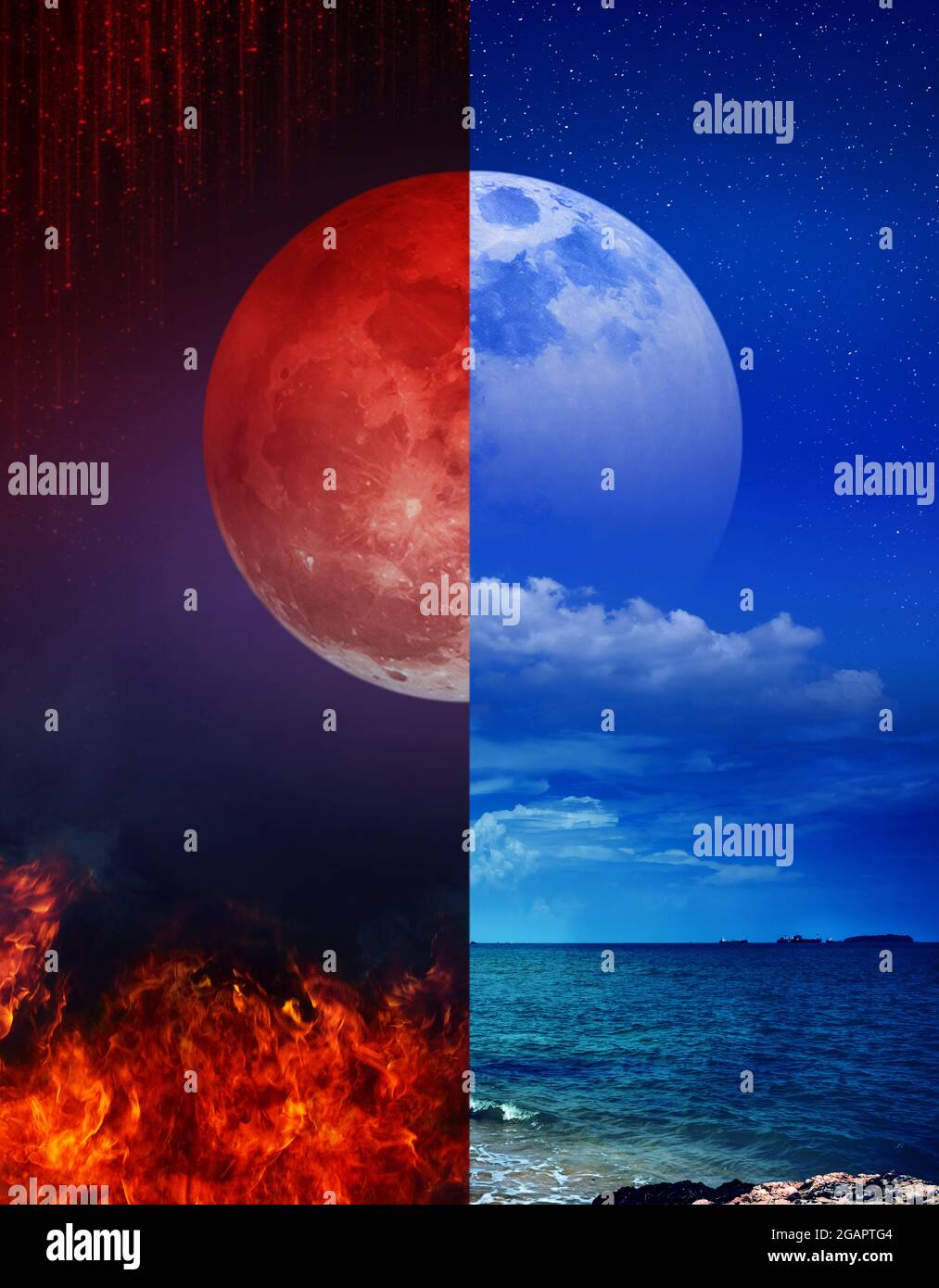 The super blood moon above the fire and the super moon above the sea ...