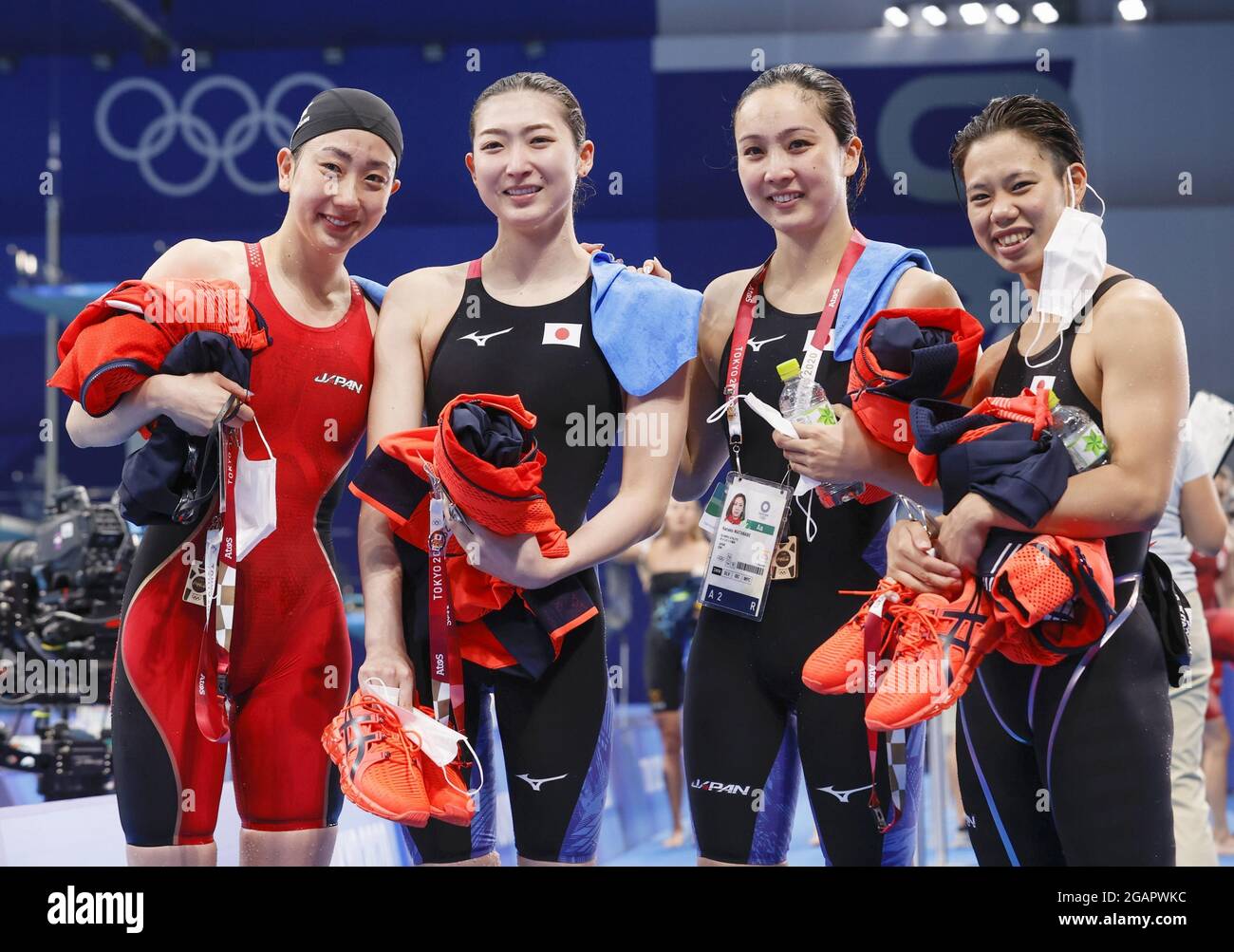 Japanese swimmers (from L) Chihiro Igarashi, Rikako Ikee, Kanako ...