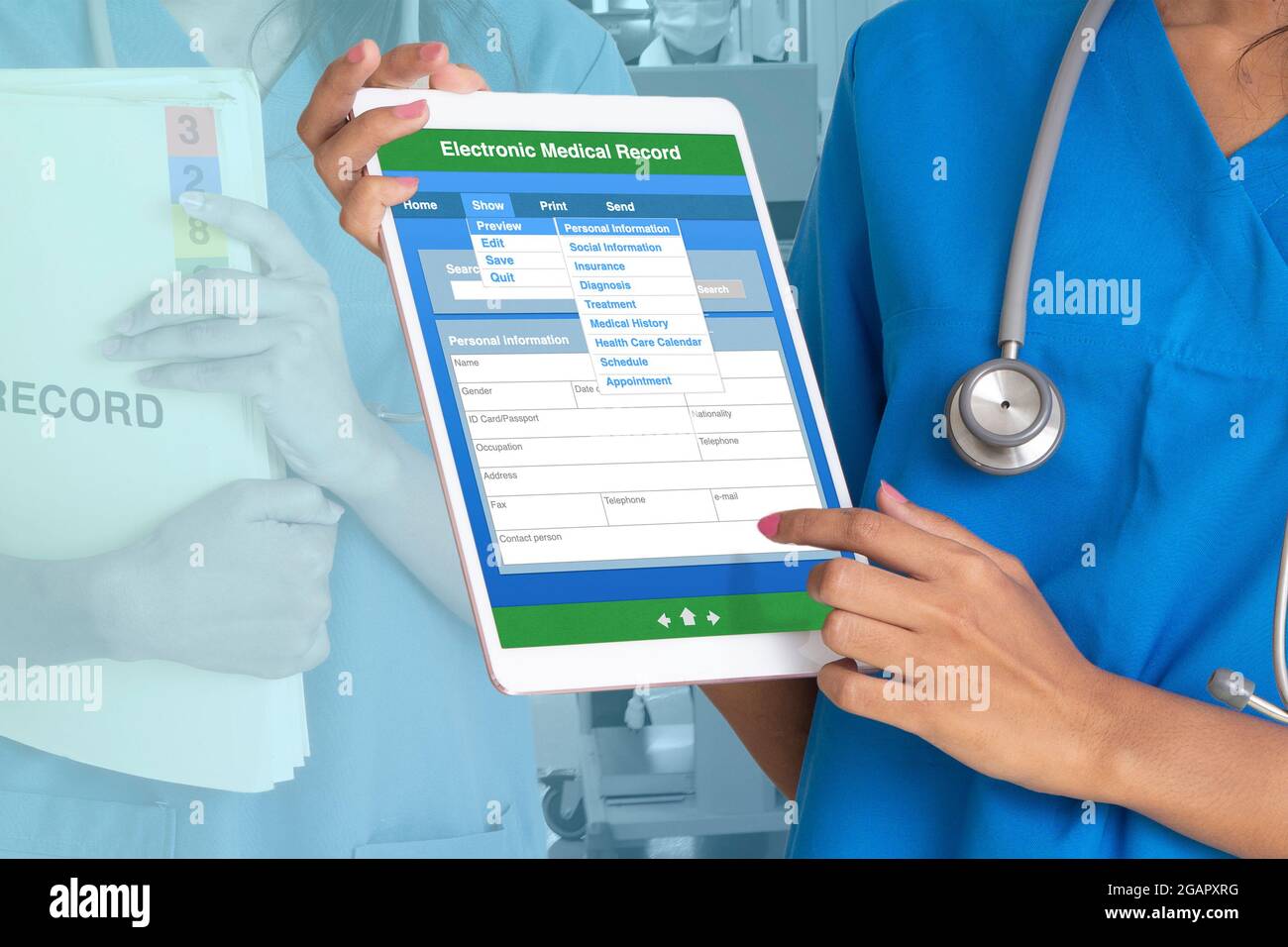 Female doctor holding digital tablet in hand showing electronic medical ...