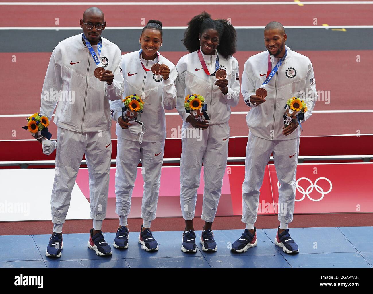 Tokyo, Japan. 01st Aug, 2021. The USA 4X400 Mixed Relay team of Lynna ...