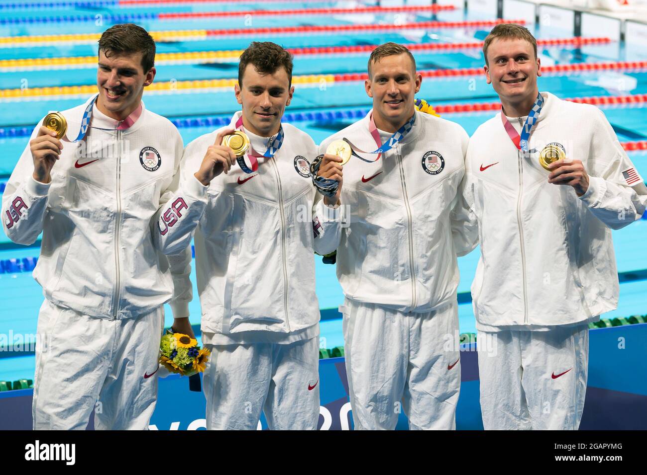 TOKYO, JAPAN - JULY 26: Caeleb Dressel, Blake Pieroni, Bowen Becker and ...