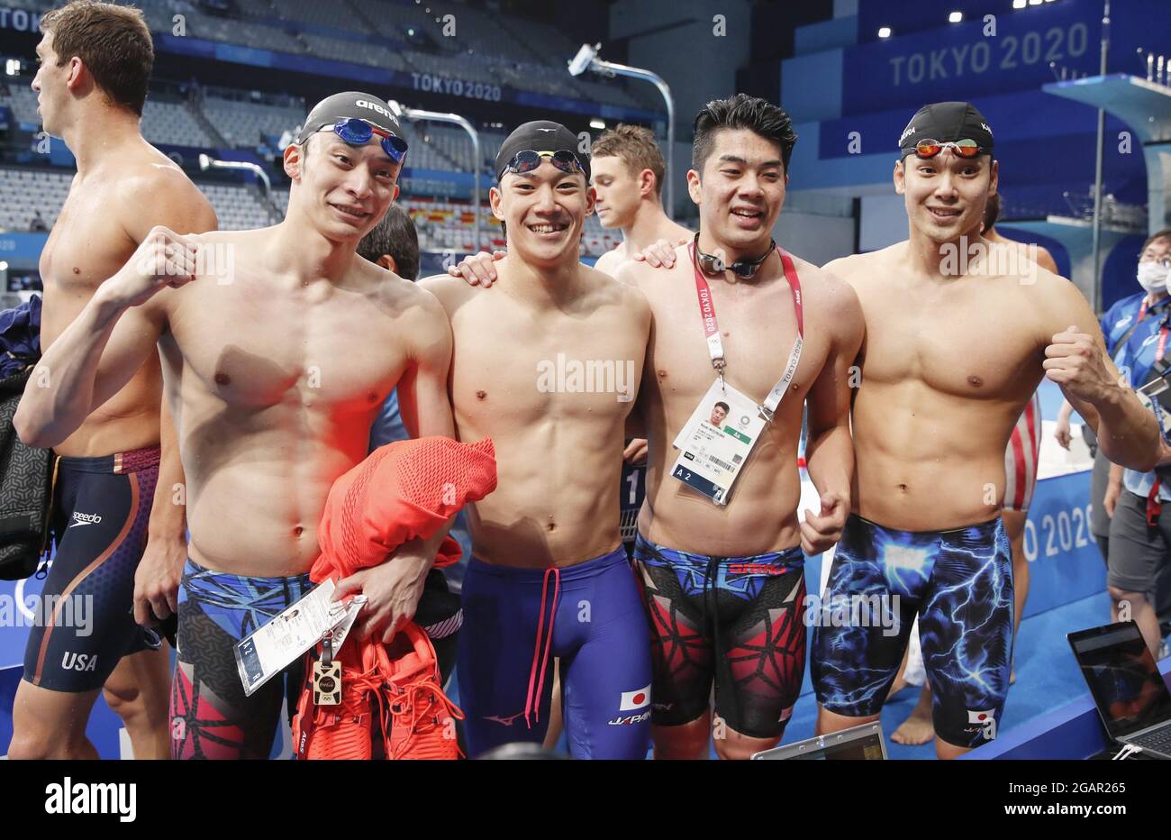 Japanese swimmers (from L) Ryosuke Irie, Ryuya Mura, Naoki Mizunuma and ...
