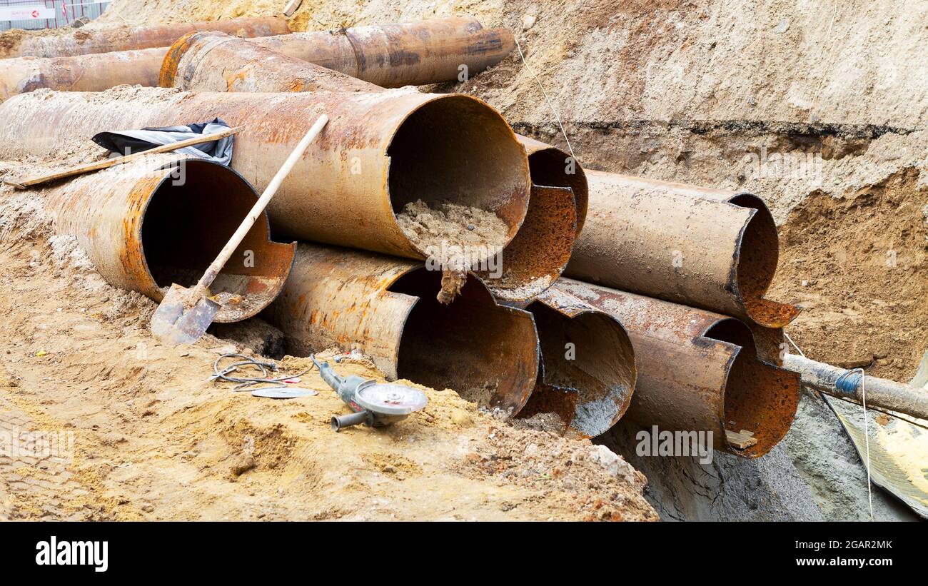 Fragments of old large water pipes. After many years of operation ...