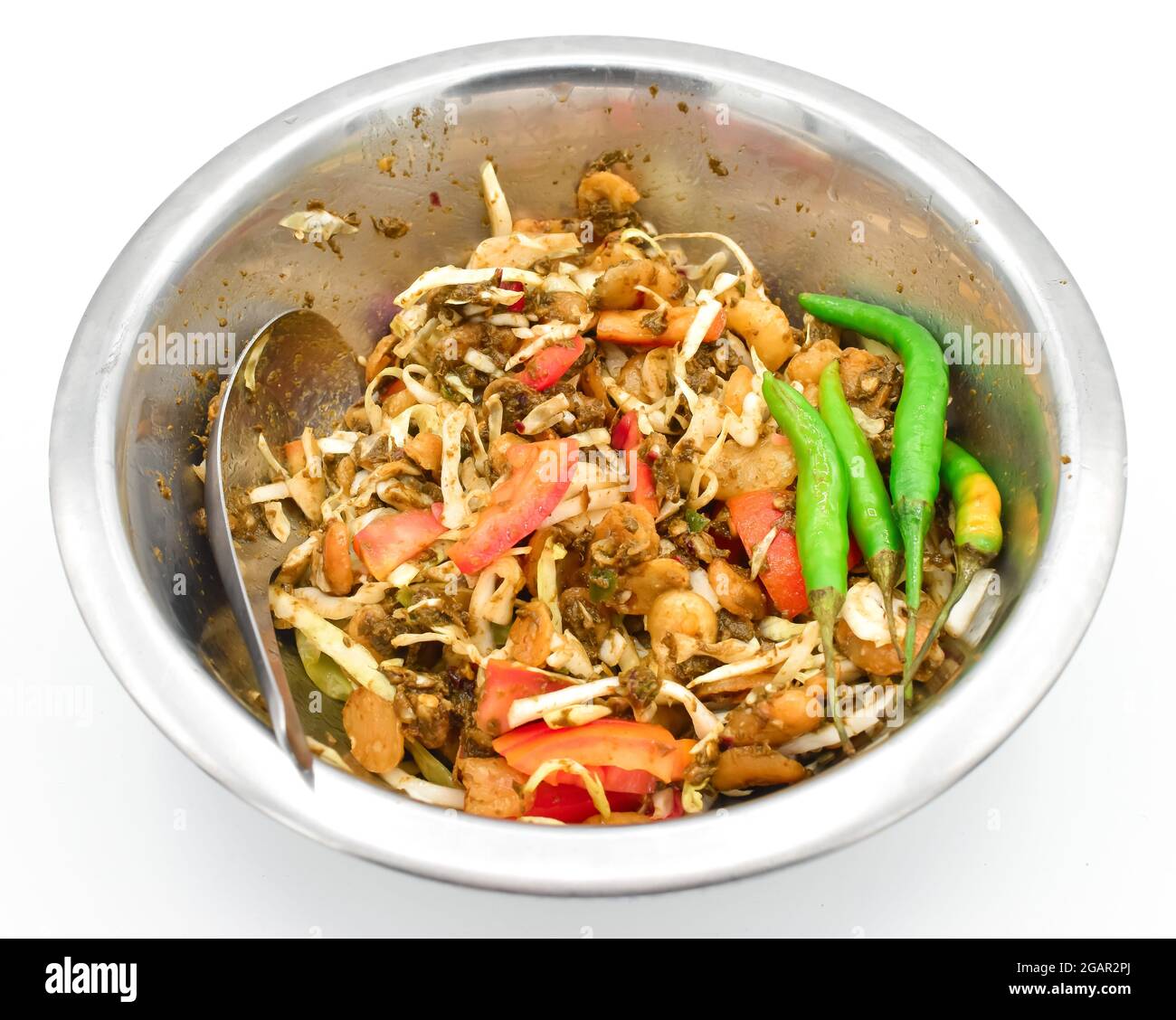 Burmese Tea Leaf Salad or Lahpet with green and red chilies, garlic ...