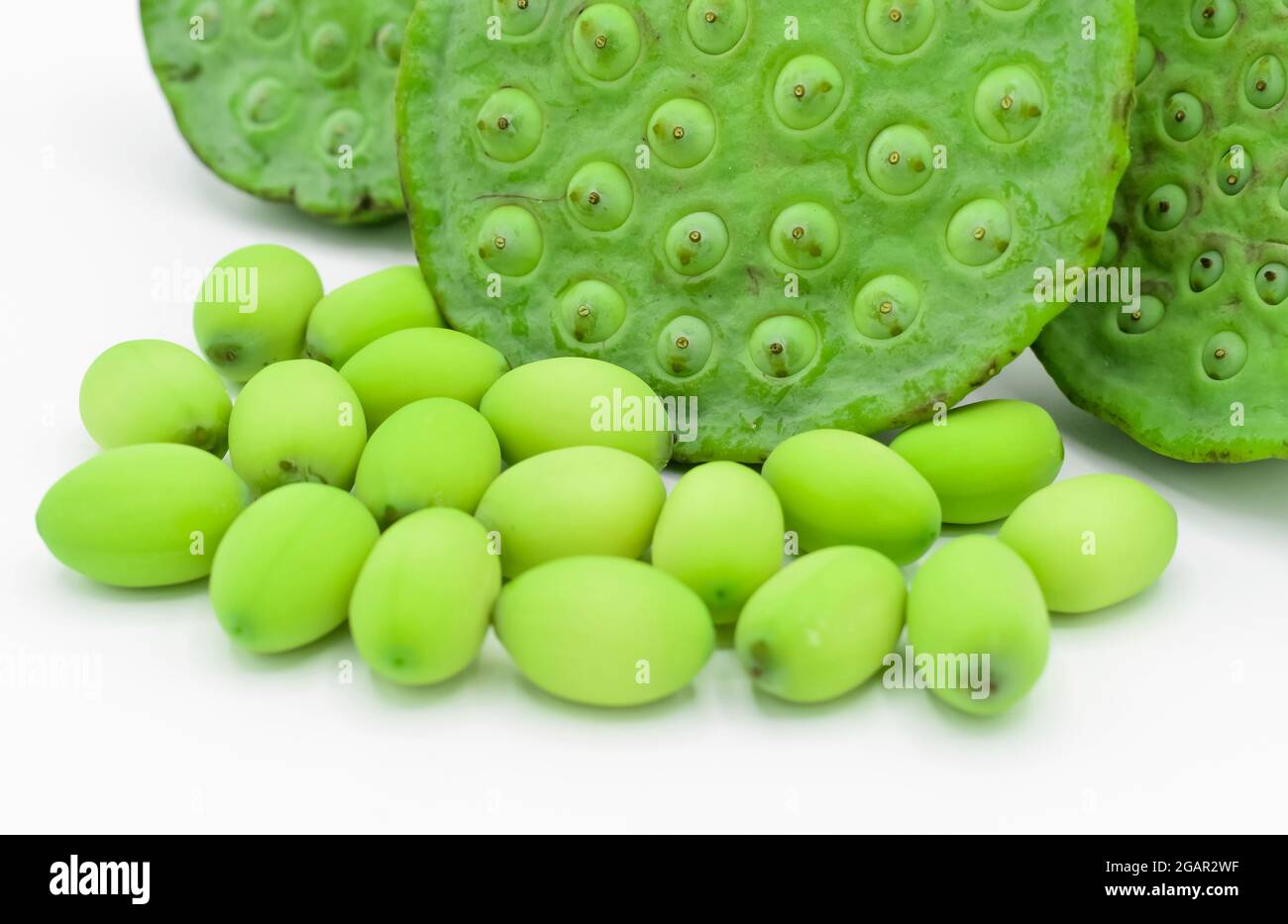 Myanmar traditional street food. Lotus seeds pods isolated on white ...