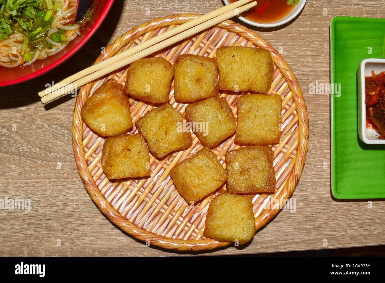 Myanmar or Burmese street food called Fried tofu recipe. Top view Stock ...