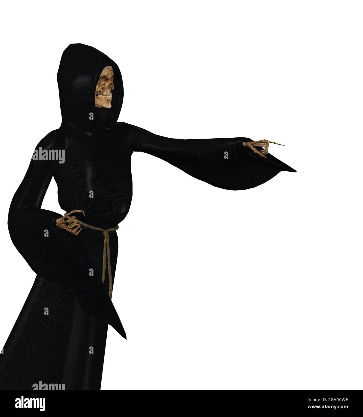 Digitally rendered skeleton in black hooded robe, dark reaper, 3d ...