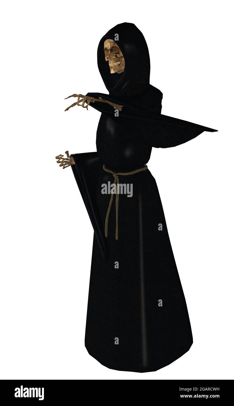 Digitally rendered skeleton in black hooded robe, dark reaper, 3d ...
