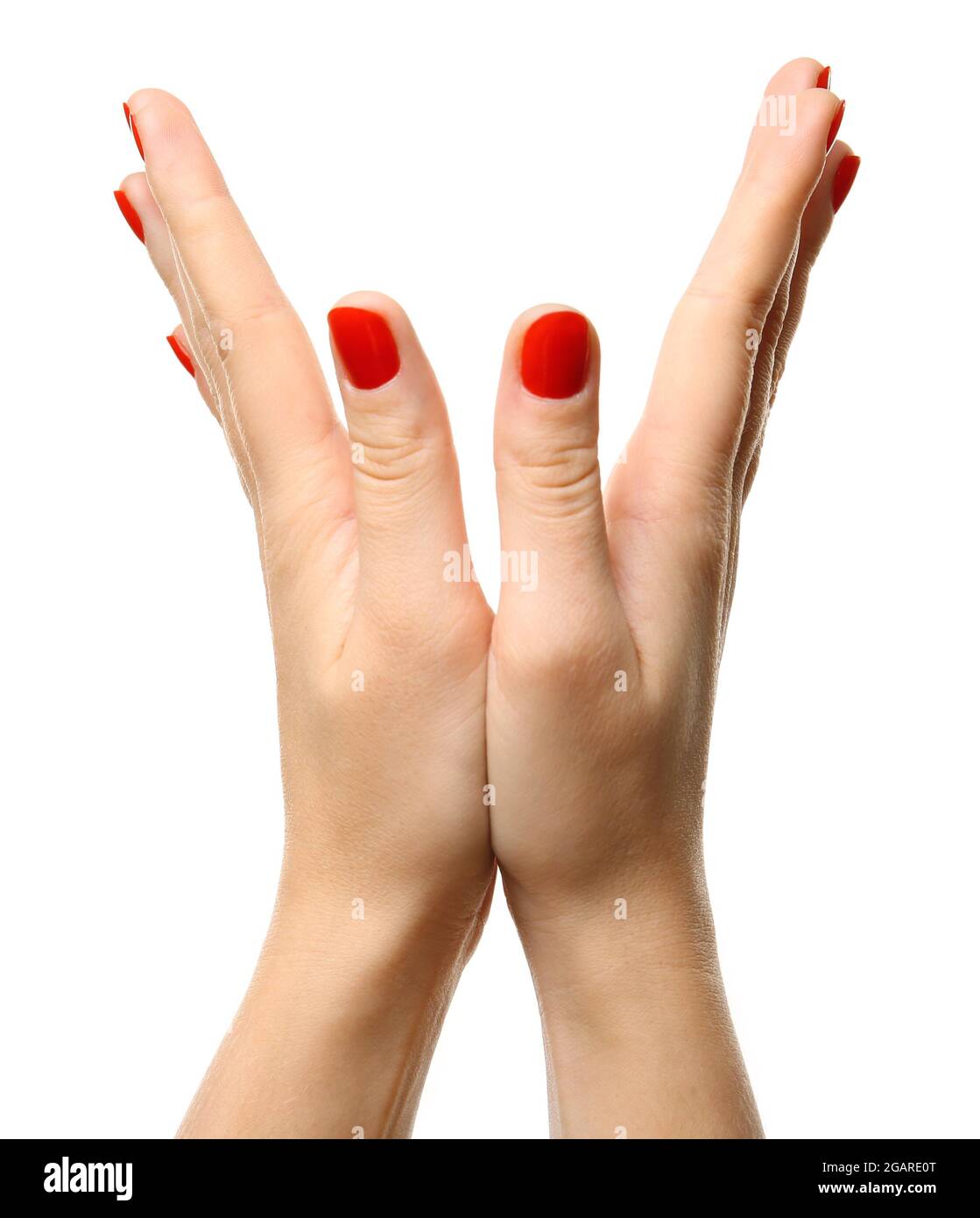 Woman hand making sign isolated on white background Stock Photo - Alamy