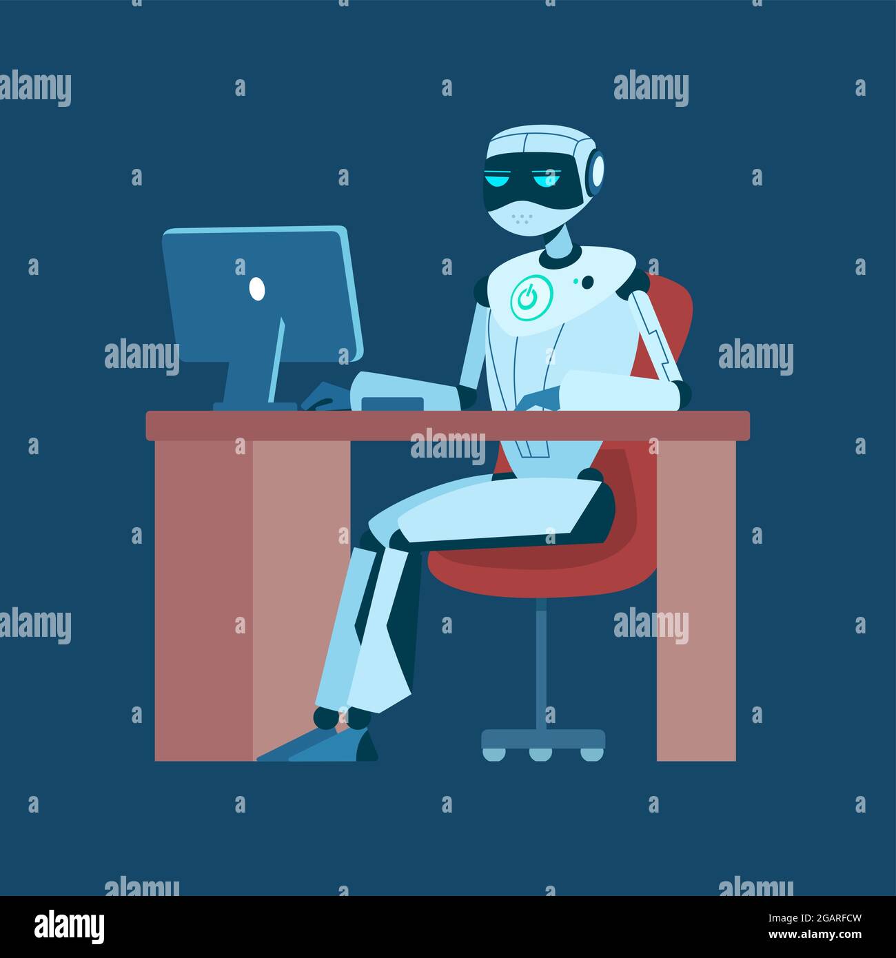 Artificial intelligence robot working on computer. Technology concept ...